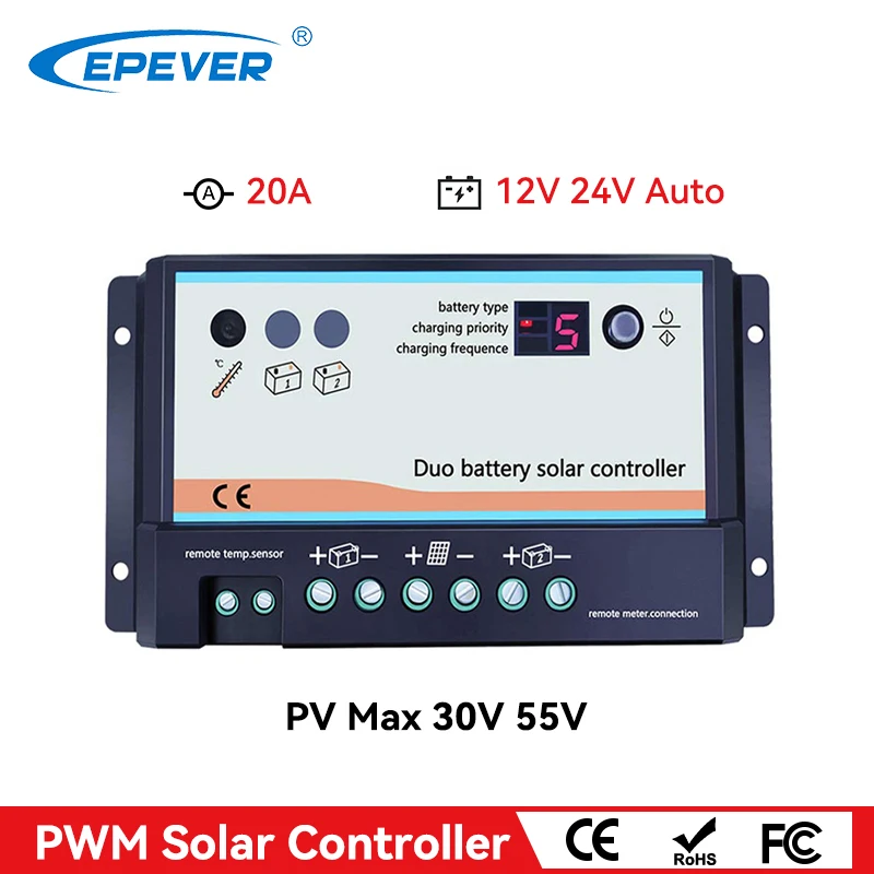 EPEVER PWM 20A Solar Charge Controller 12V 24V Auto Dual Battery Solar ...