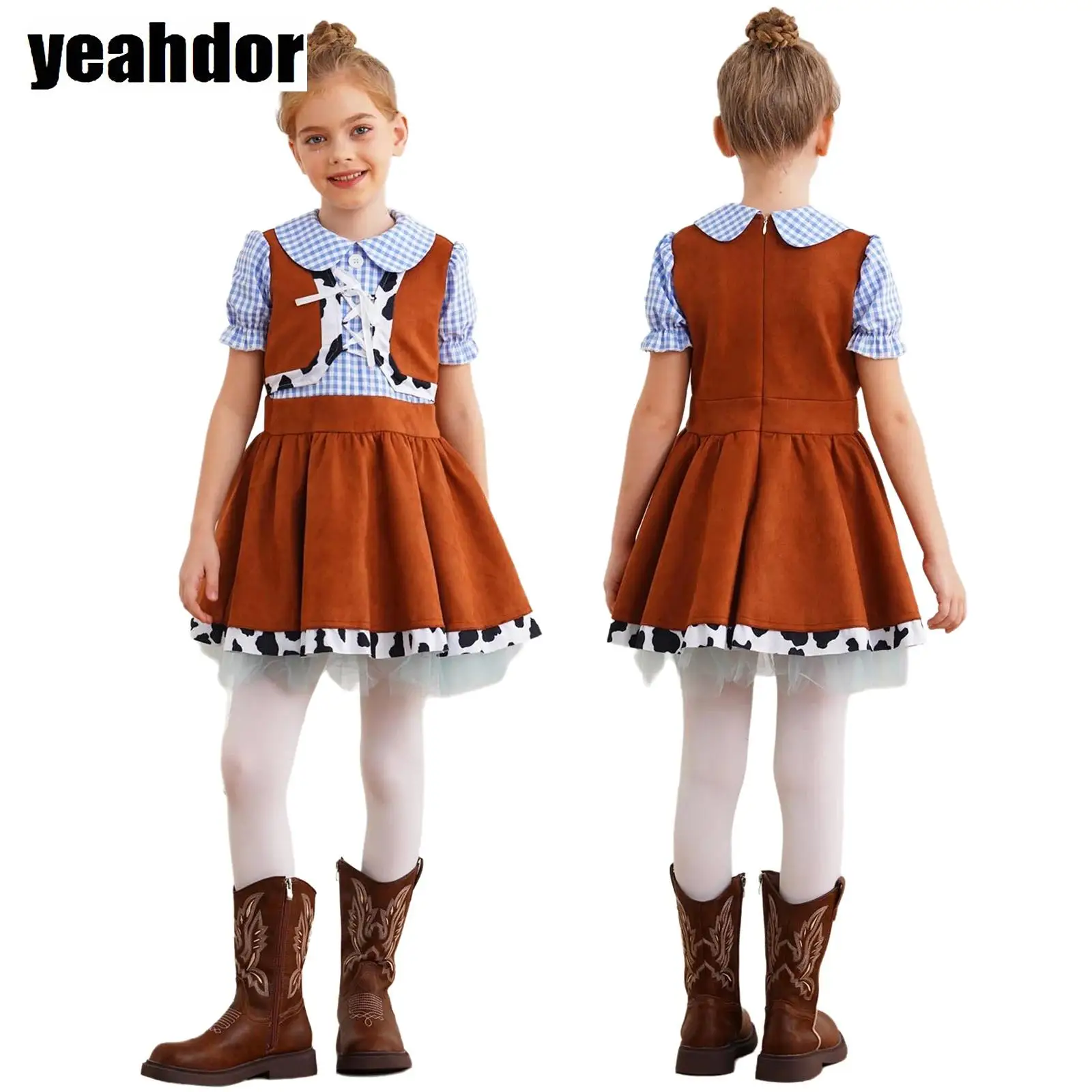 Halloween Western Cowboy Cosplay Costume Girls Puff Sleeve Cow Print ...