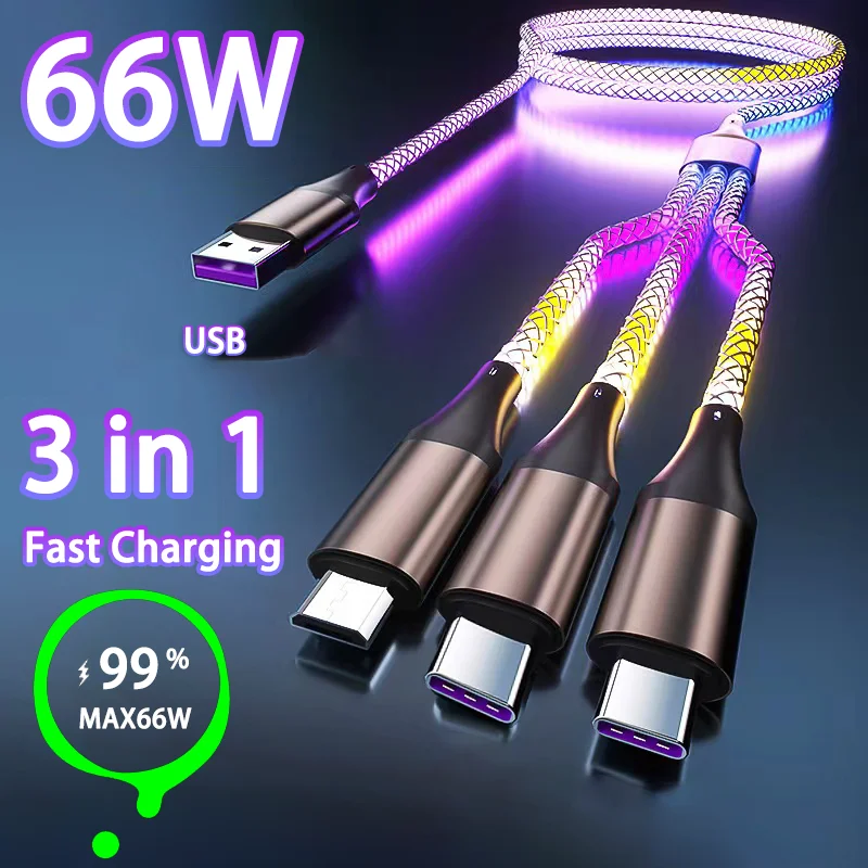 66W 6A 3 in 1 Fast Charging Type C Cable Micro USB RGB Colorful ...