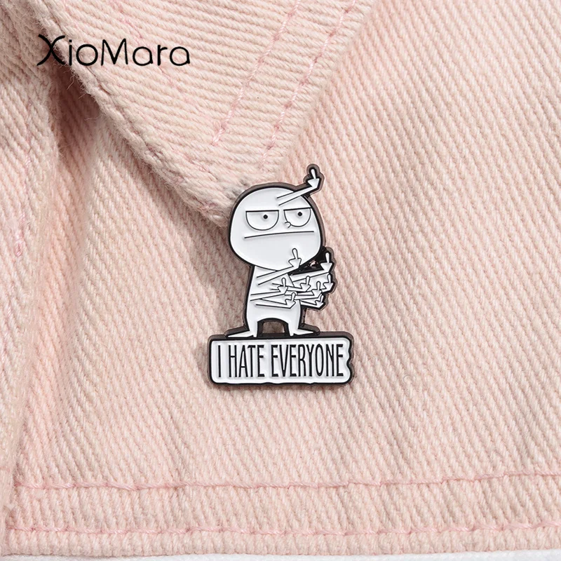 I Hate Everyone Enamel Pin Funny Cartoon Figure Give The Finger Brooch ...