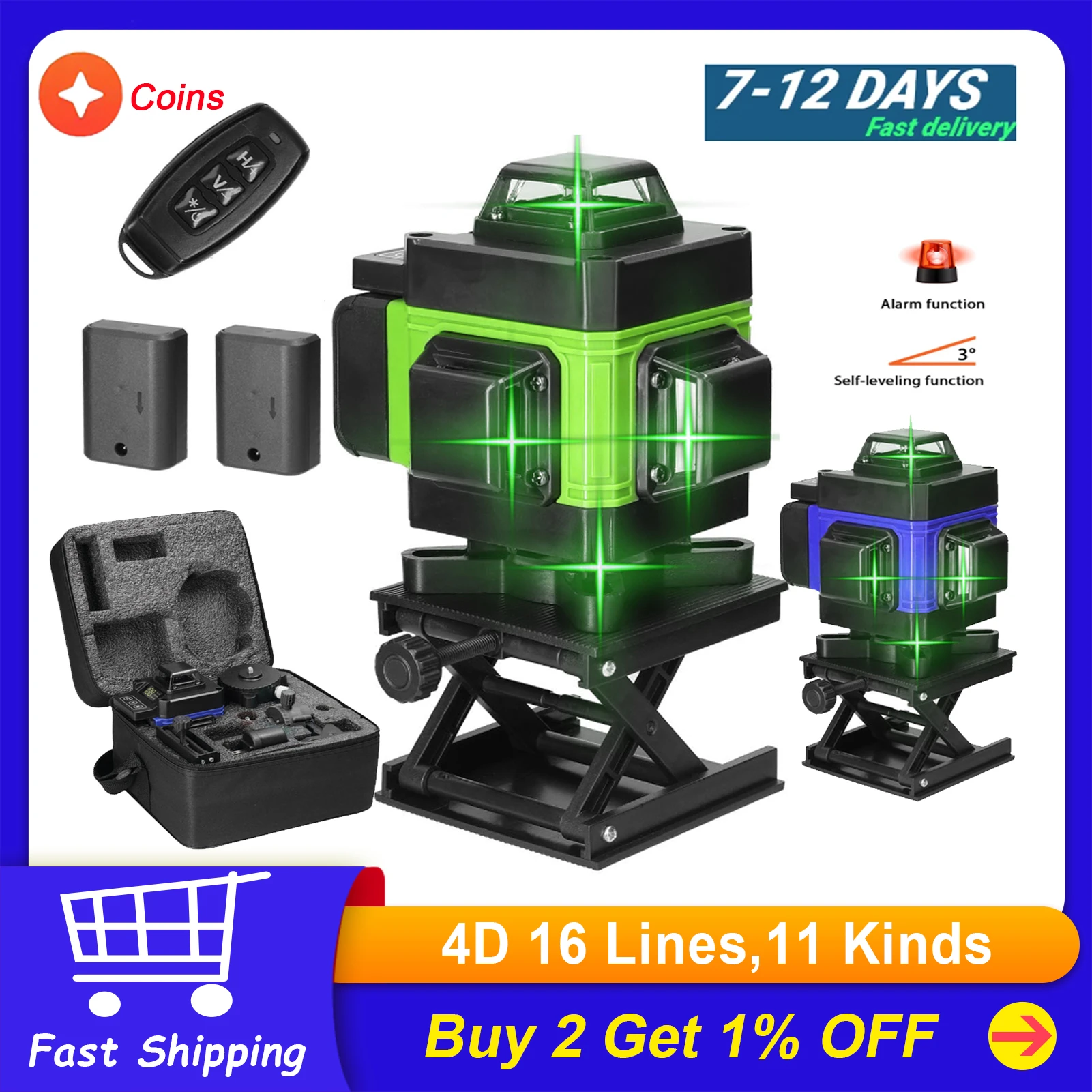 4D 16 Lines Laser Level 3° Self-leveling Machine USB Rechargeable ...