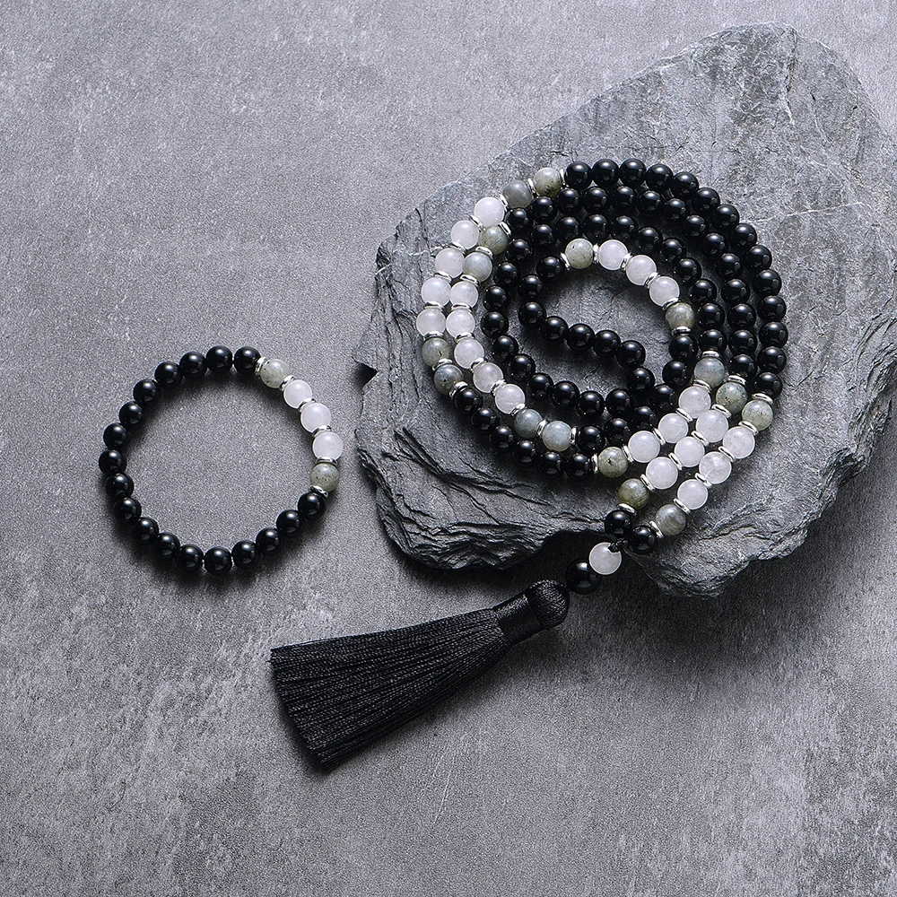 Black-Onyx-Labradorite-White-Jade-Beads-108-Mala-Necklace-Meditation ...