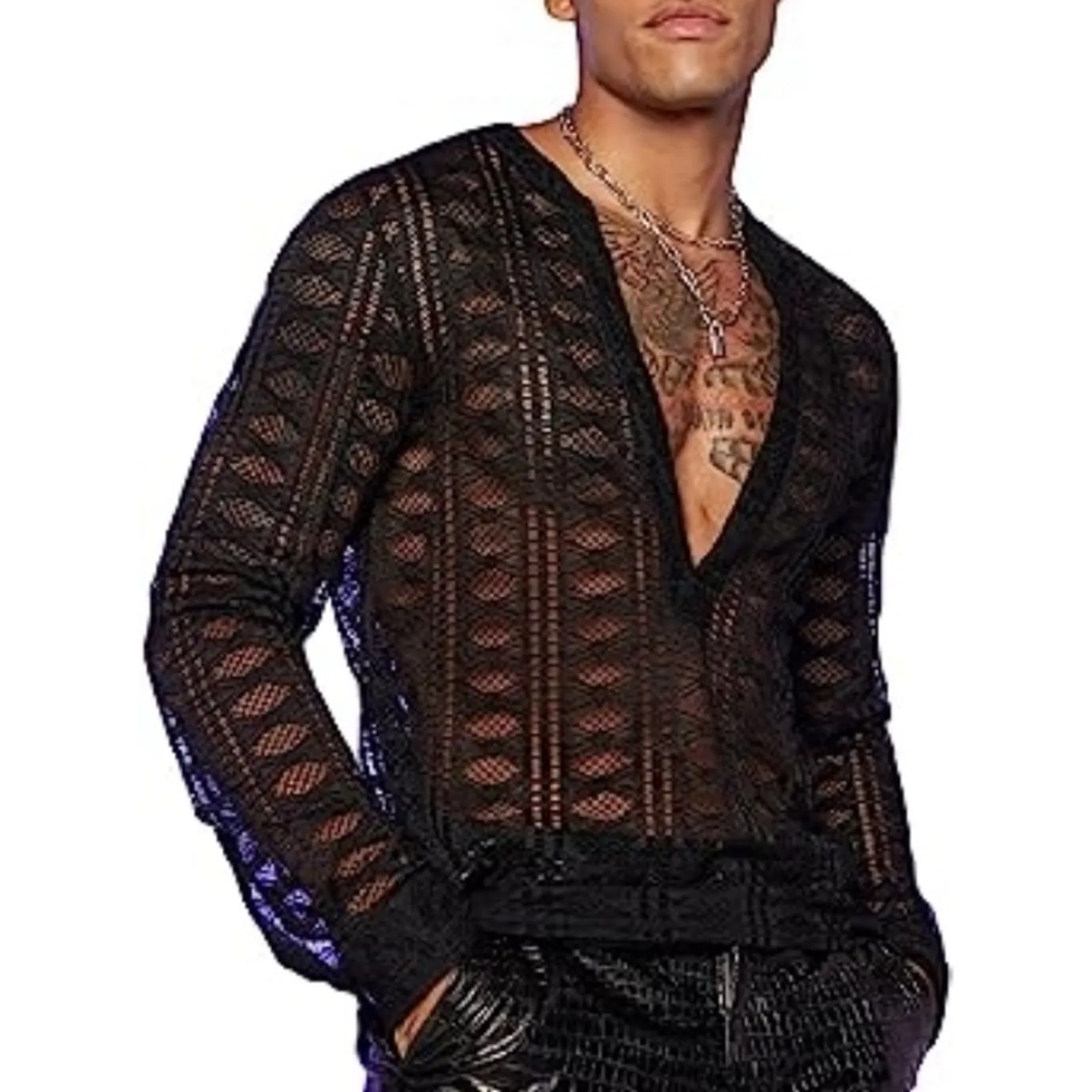 Men-s-Fishnet-Blouse-Sexy-Deep-V-Neck-Hollow-Out-Transparent-Long ...
