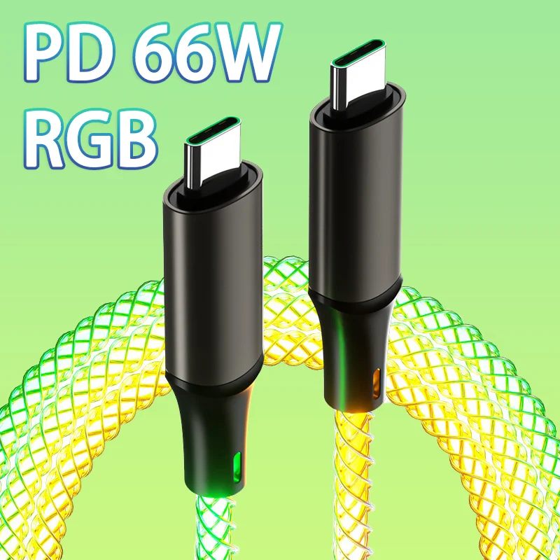 Cable de carga rápida RGB PD 66W tipo C a tipo C, Cable de colores Streamer, línea brillante ...
