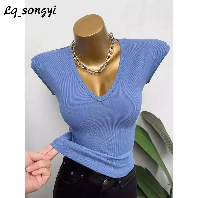 Lq-songyi-Deep-V-Neck-Tops-Short-Sleeve-Thin-T-Shirts-High-Strecth ...