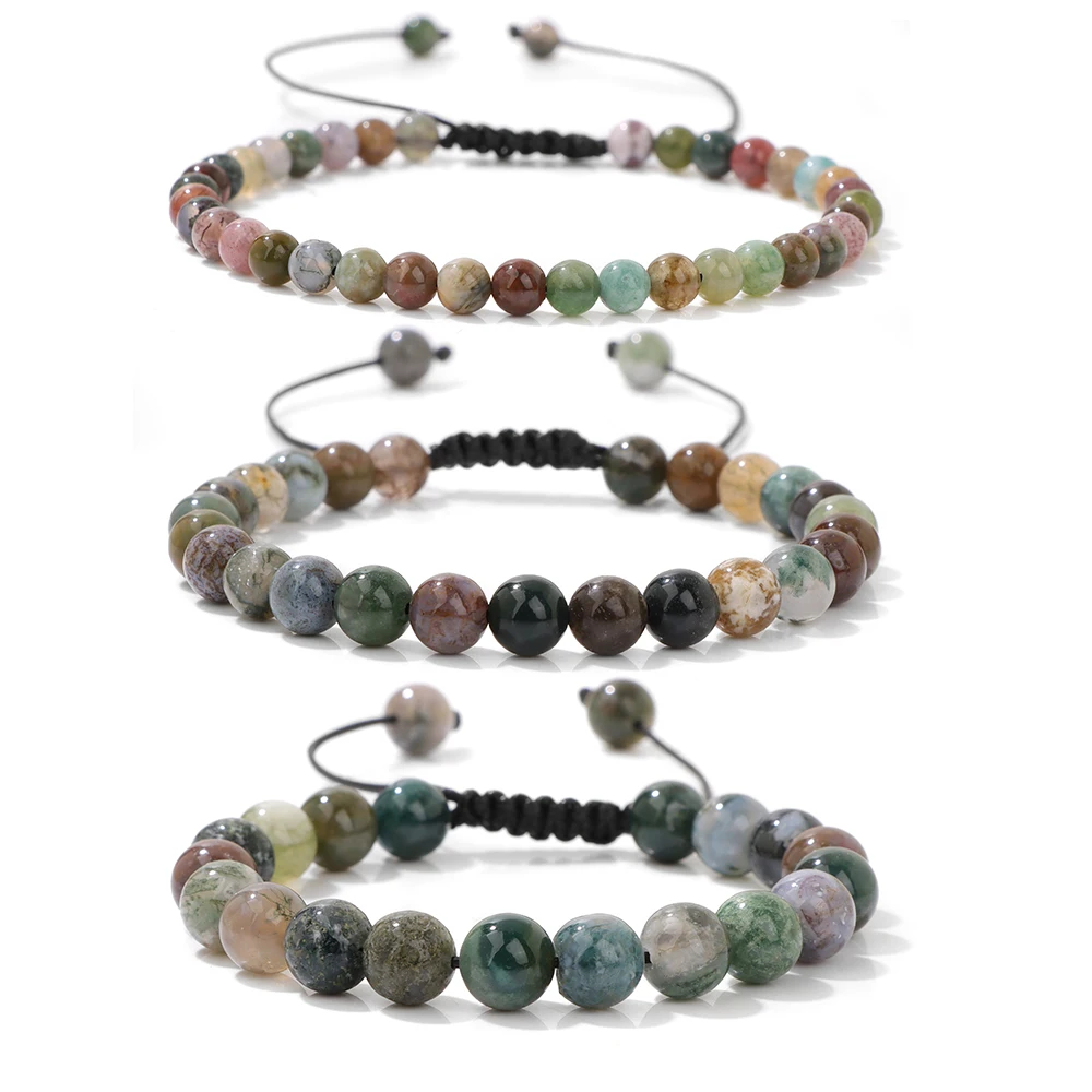 Adjustable Indian Agates Beads Bracelet 4/6/8mm Round Natural Stone ...