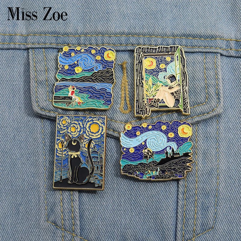 Art-Oil-Painting-Enamel-Pins-Custom-Night-Starry-Sky-Brooches-Lapel ...