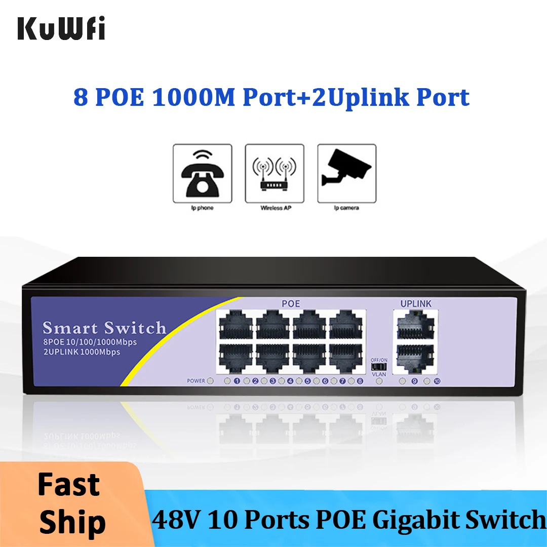 KuWFi 10 Ports POE Ethernet Switch 48V VLAN 1000Mbps Uplink Plug and ...