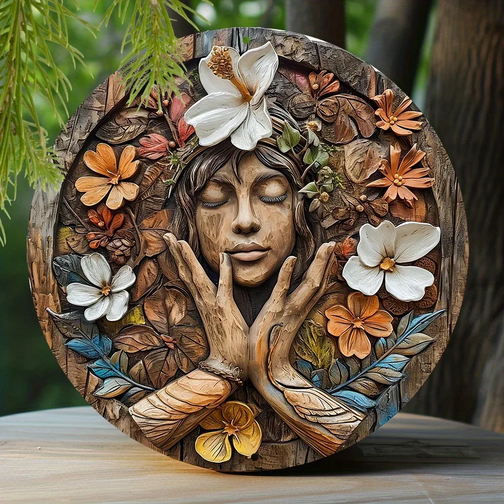 20x20Cm-Round-Metal-Sign-Faux-Wooden-Carved-Painted-Circular-Wreath ...