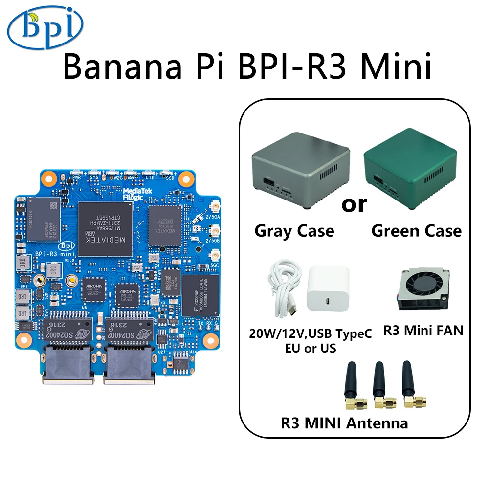 Banana Pi BPI-R3 Mini Router Board SET Cases Antenna MediaTek MT7986 ...
