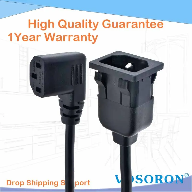C14 To C13 Panel Mount Power Cable Right Bent 90 Degree IEC 320 C13