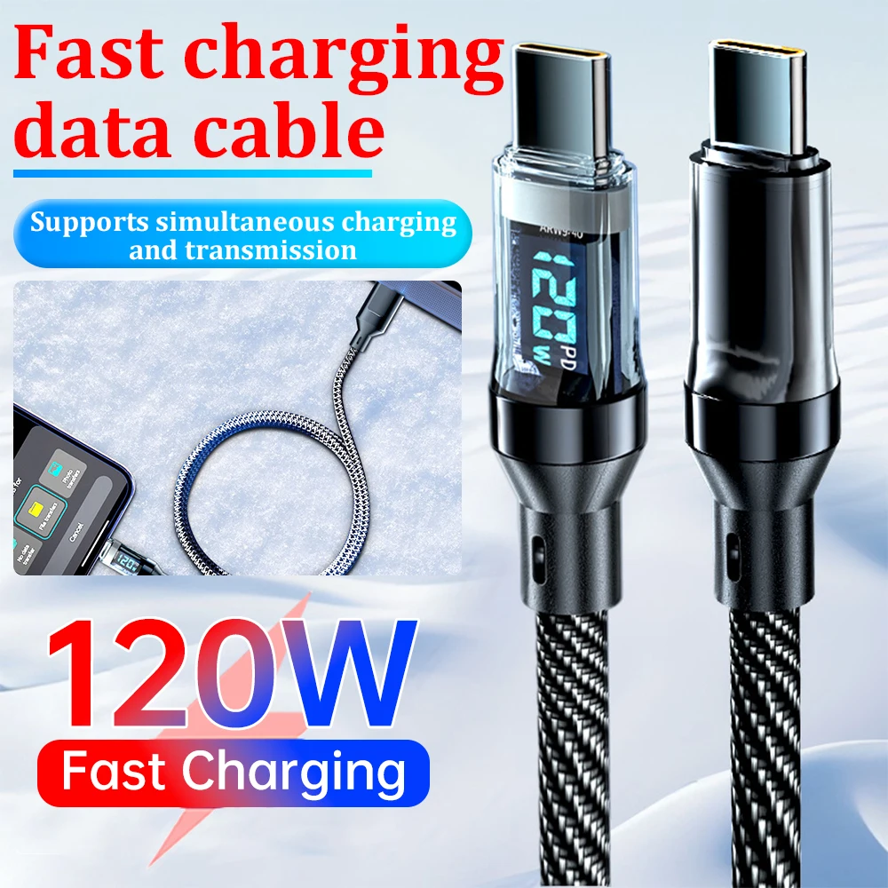 120W Ultra Fast Charging Data Cable Type-C LED Screen, Real-Time Power ...