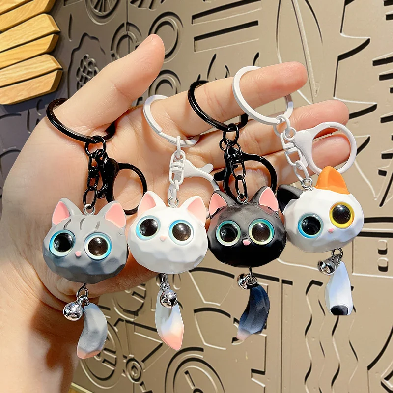 Creative Cartoon Big Eye Cat Head Keychain Unisex Car Keychain Cute ...