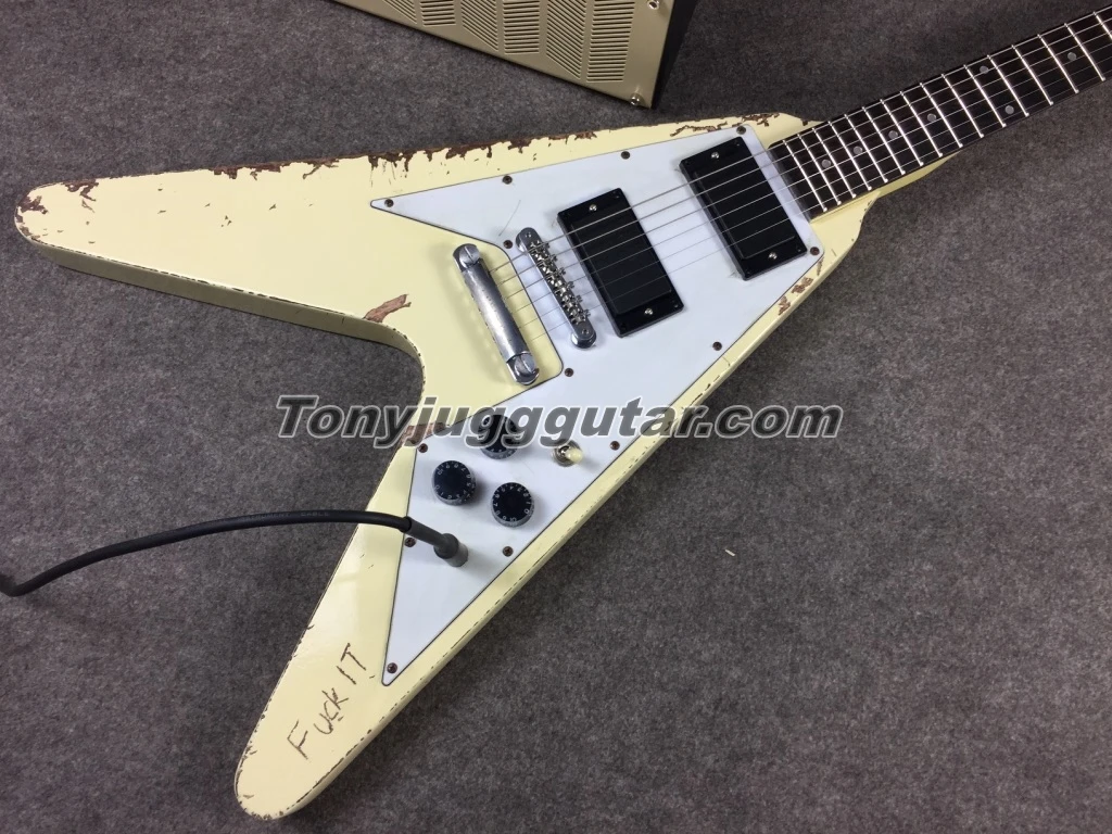 James Hetfield Metallic White Cream Heavy Relic Flying V Electric ...