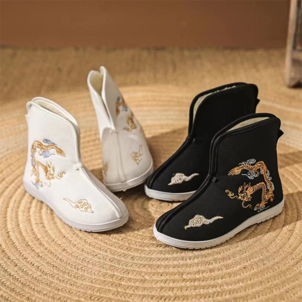 Winter Chinese Style Embroidery Dragon Short Boots Men's Retro Hanfu ...