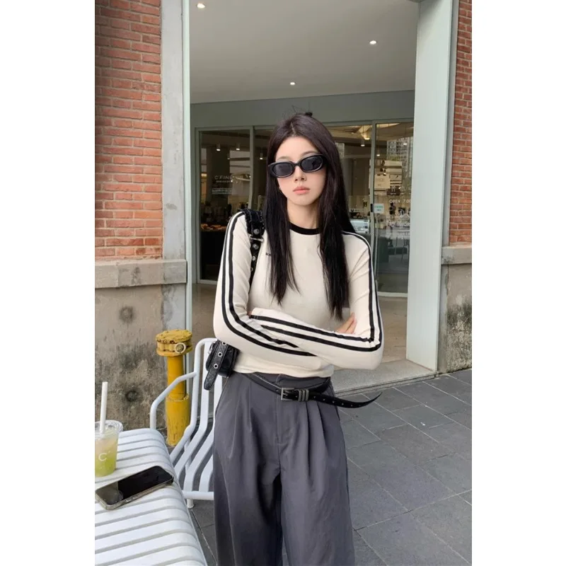 Women-s-Tops-Autumn-New-Solid-Color-Letter-Embroidery-Stripe-Long ...