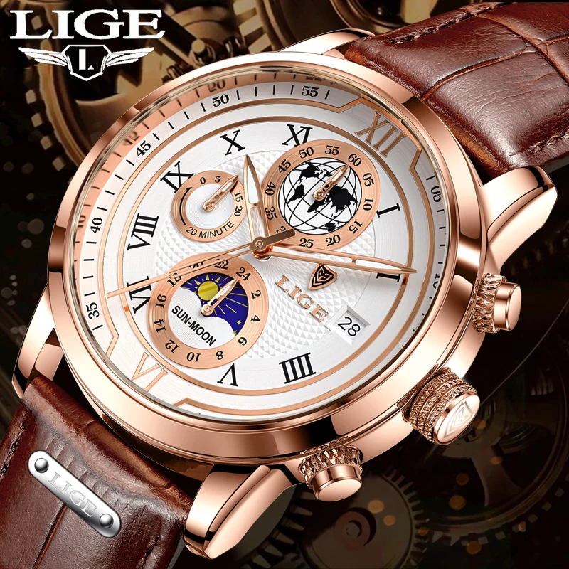 Leather Chronograph Watch Clock | Lige Mens Watch Luxury Leather - 100 ...