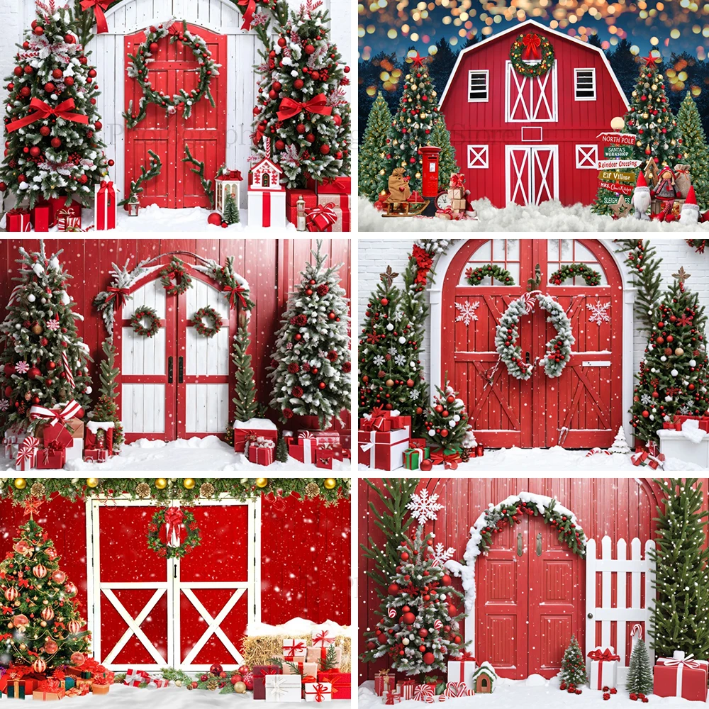 Christmas-Red-Barn-Door-Background-Snowflake-Wooden-Door-Wreath ...