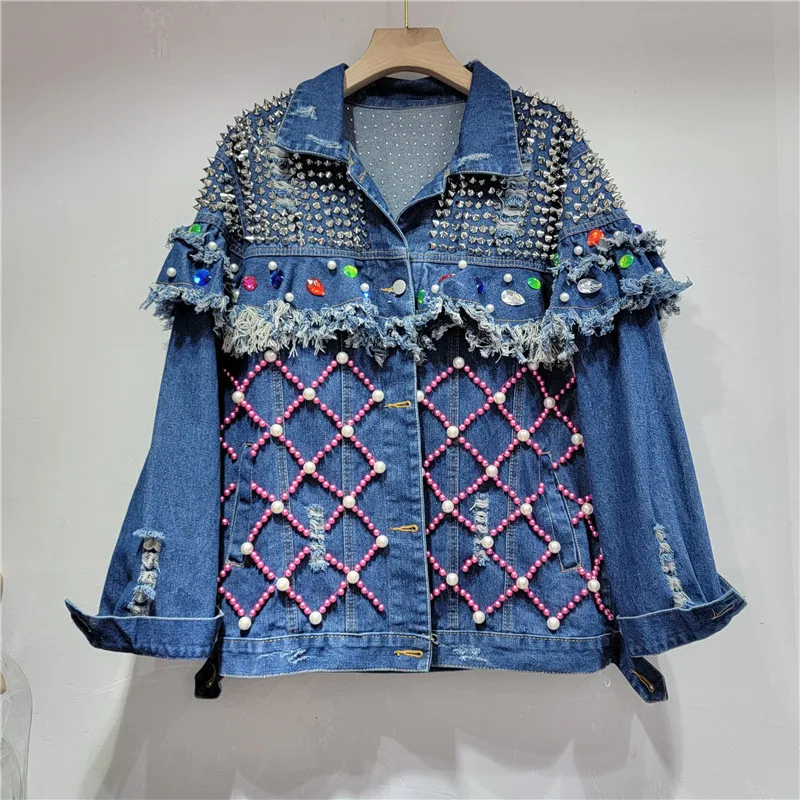 Heavy Work Multicolor Diamonds Rivet Beading Denim Jacket Women Dark ...
