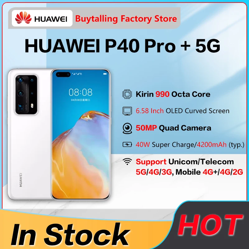CN รุ่น HUAWEI P40 Pro + 5G โทรศัพท์มือถือ6.58นิ้ว OLED หน้าจอโค้ง Kirin 990 Octa Core 50MP Quad ...