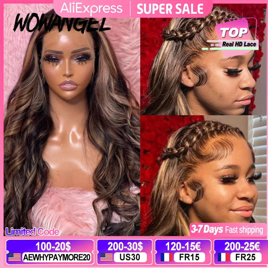 Wow Angel 250% 13x4 HD Lace Frontal Wigs Body Wave Highlight Wig Pre Plucked Melt Skin Full Lace ...
