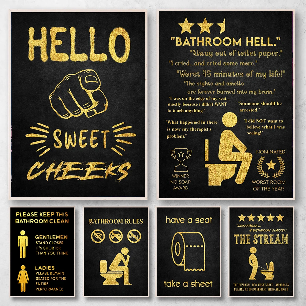 Toilet Funny Posters Black Gold Bathroom Rules Humour Pictures Print ...