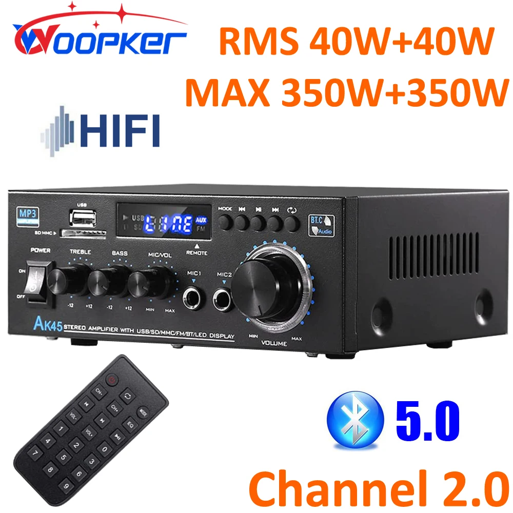 AK45 디지털 오디오 앰프, 블루투스 2 채널 앰프, MP3 HiFi FM 음악 서브 우퍼, USB SD 마이크 입력, 홈 ...