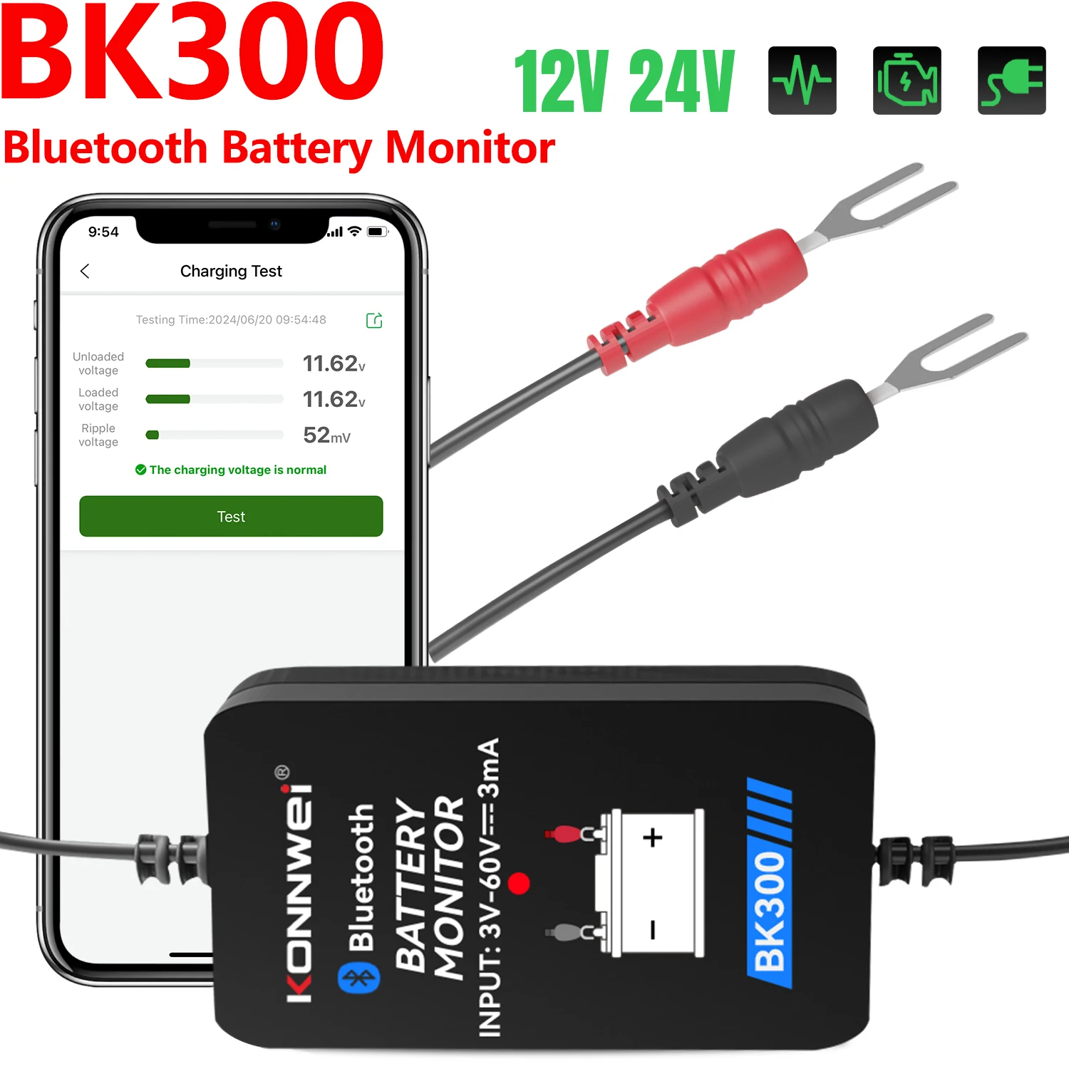 2024 New KONNWEI BK300 Battery Monitor Truck 24V Battery Tester 12V SOH ...