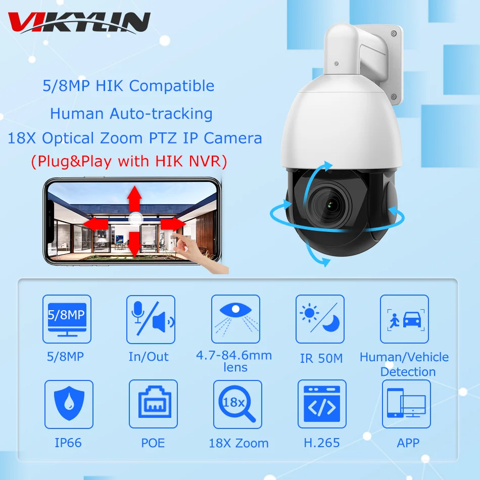 Vikylin Hikvision Compatible 8MP 5MP 18X PTZ Speed Dome IP Camera Auto ...