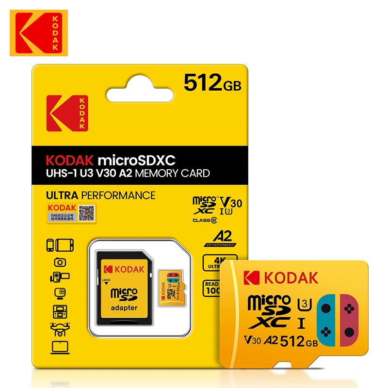 Kodak Micro SD Card 512GB 256GB 128GB U3 V30 4K High Speed SDXC MicroSD C10 TF Card With SD ...