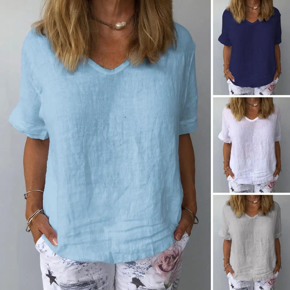 V neck Cotton Linen Women Blouses Short Sleeve Loose Fit Solid Color ...