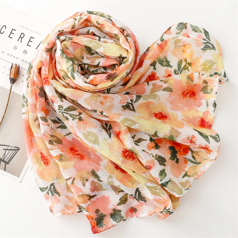 Original-designer-long-orange-floral-head-scarfs-spring-autumn-neck ...