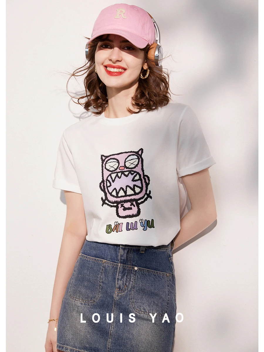 LOUIS-YAO-Women-T-shirt-2024-Summer-New-Round-Neck-Short-Sleeve-100 ...