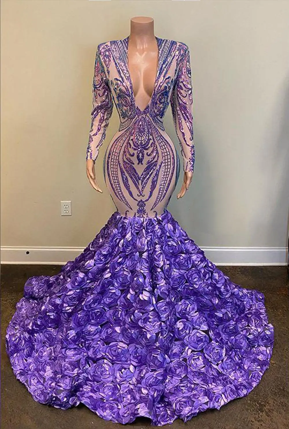 Lilac Purple Sleeves Mermaid Prom Dresses Sexy African Plus Size Evening Gown Black Girl Formal ...