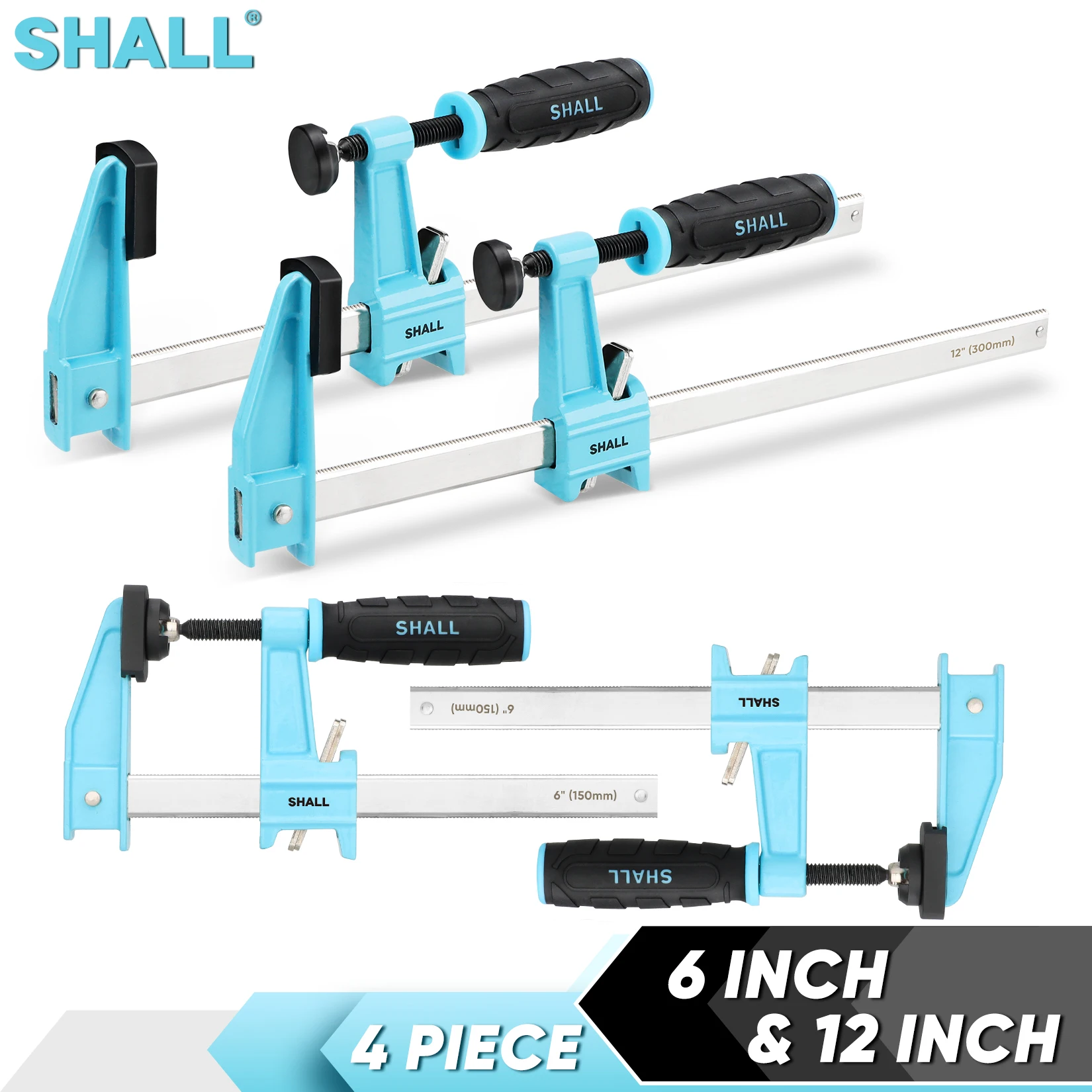 SHALL 150-300mm Steel Bar Clamps Set 4-pack (6-12'')Medium-Duty Quick ...