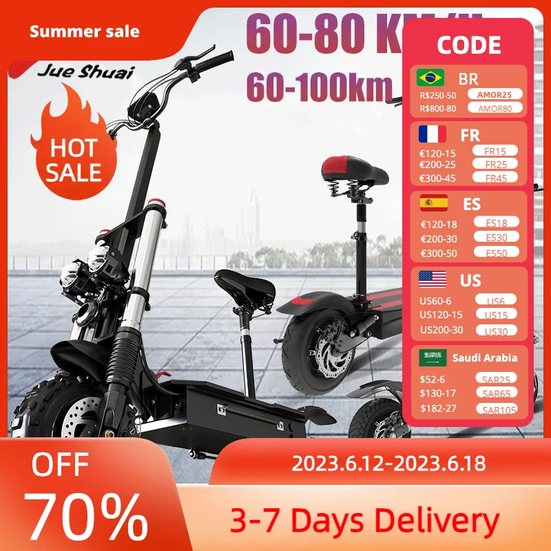 1000w-5600w 48v 60v Powerful Electric Scooter With Seat 11 Inch Off Road Tire E Scooter For ...