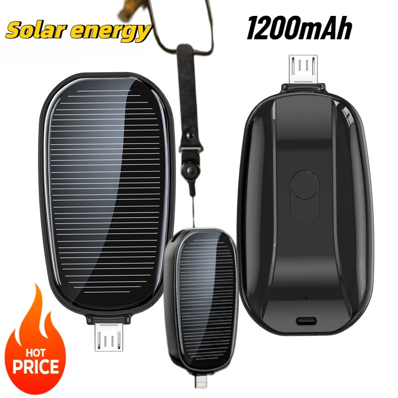 1200mAh Solar Mini Power Bank Keychain Portable Charger Outdoor Camping ...