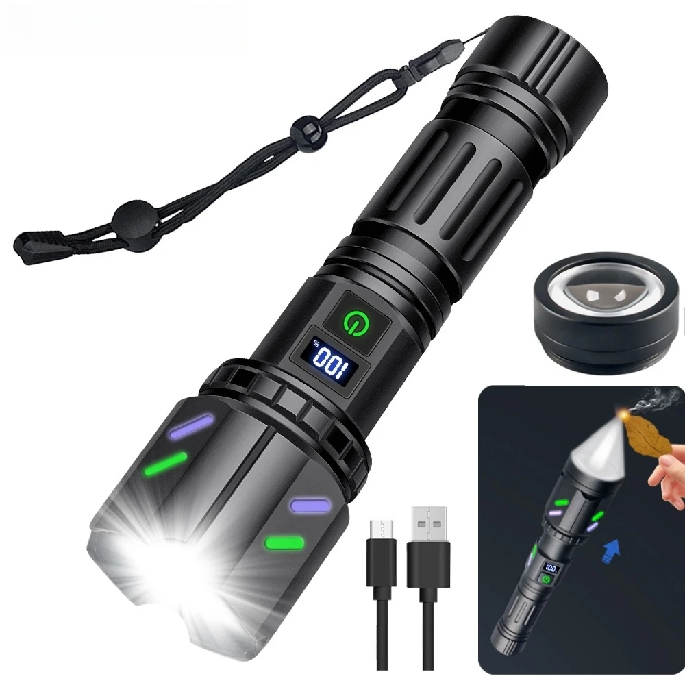 High Power White Laser LED Flashlight 18650 26650 Battery Type-C Strong ...