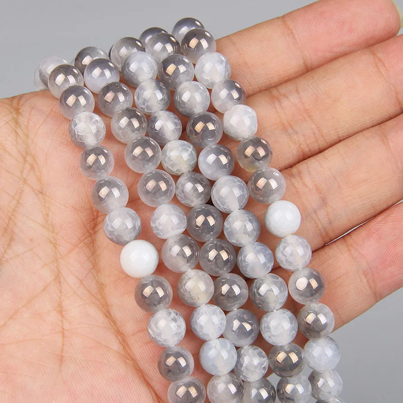 Round 8mm Natural White Gray Stone Beads Cracked Crystal Agates Loose ...