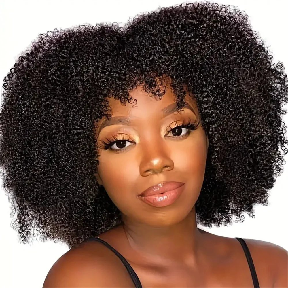 Afro-Kinky-Curly-Perucas-com-Franja-para-Mulheres-Negras-100-Cabelo ...