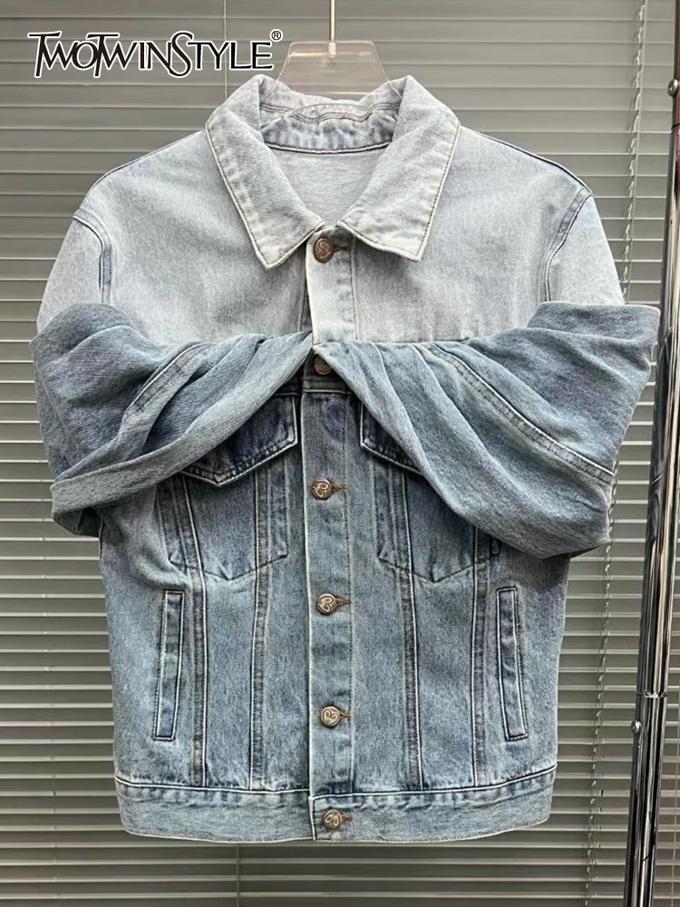 TWOTWINSTYLE-Folds-Denim-Jackets-For-Women-Lapel-Long-Sleeve-Patchwork ...