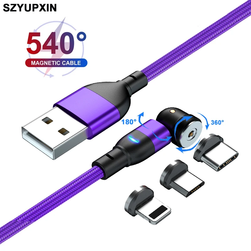 SZYUPXIN 540° Rotate Magnetic Cable Micro USB Charger 3 In 1 LED Magnet ...