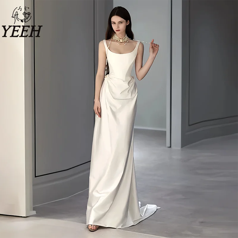 YEEH Scoop Neck Mermaid Wedding Dress Ivory Satin Pleated Gown Chapel ...
