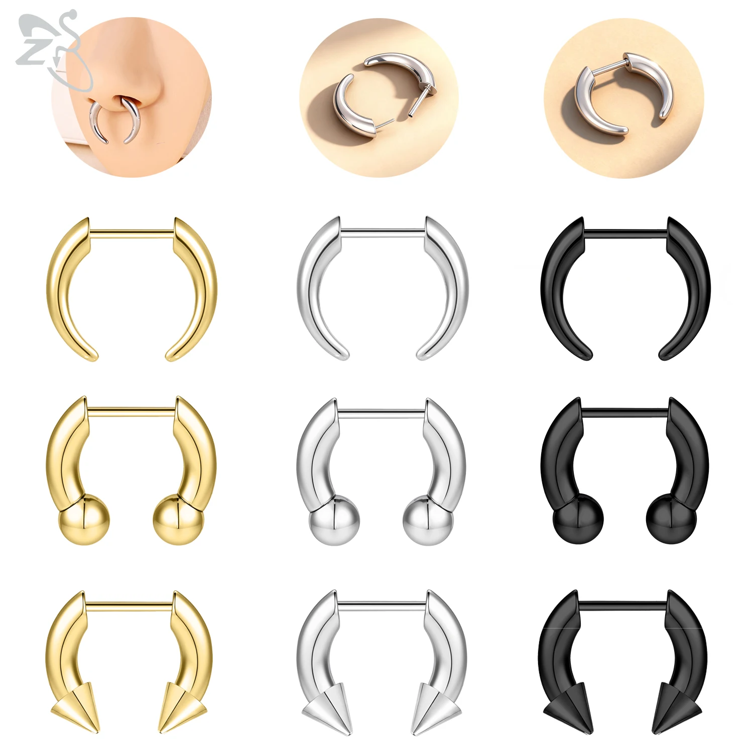 ZS 1PC 16G Buffalo Horn Nose Piercing Stainless Steel Pincher Plug In ...