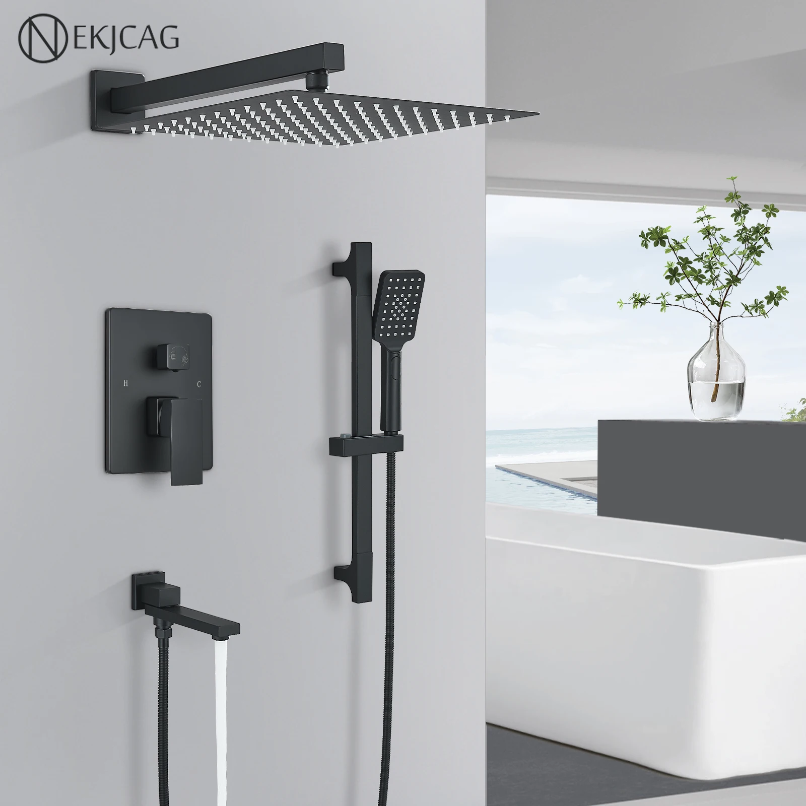 Black-Wall-Mounted-Bathroom-Shower-Set-Rainfall-Shower-Faucets-With ...