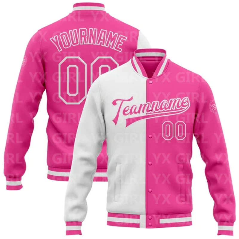 Custom Pink Pink-White Bomber Full-Snap Varsity Letterman Split Fashion ...