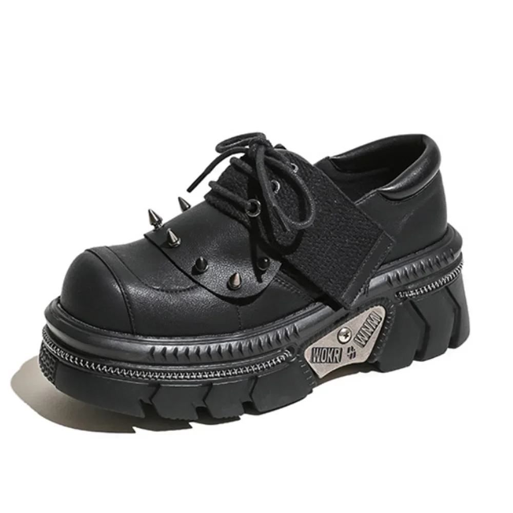 Fashion-Punk-Rivet-Women-Leather-Shoes-Lace-up-Heel-Height-6CM-Platform ...