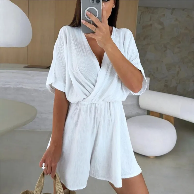 Women's Boho Jumpsuits Summer V-neck Fashion Casual Waist Solid White ...