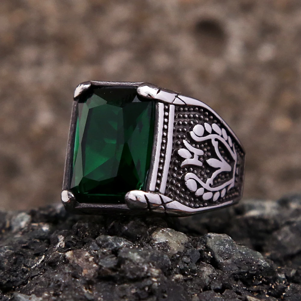 Punk Men's 316L Stainless Steel Green Stone Finger Rings Fashion ...