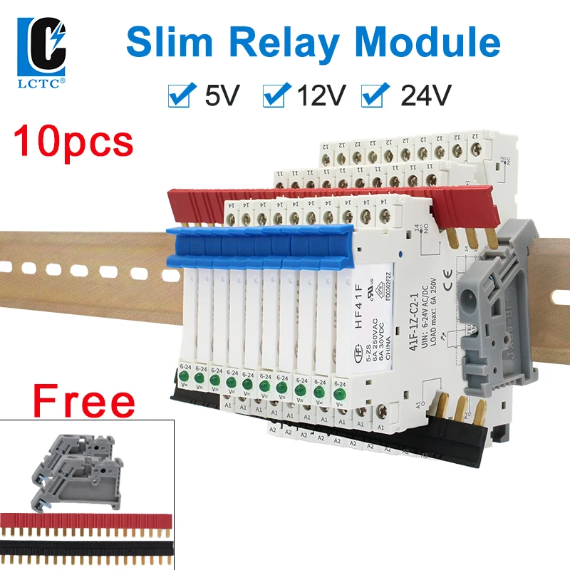 10PCS-DIN-Rail-Relay-Module-HF-41F-Slim-Relay-With-LED-6A-5V-12V-24V ...